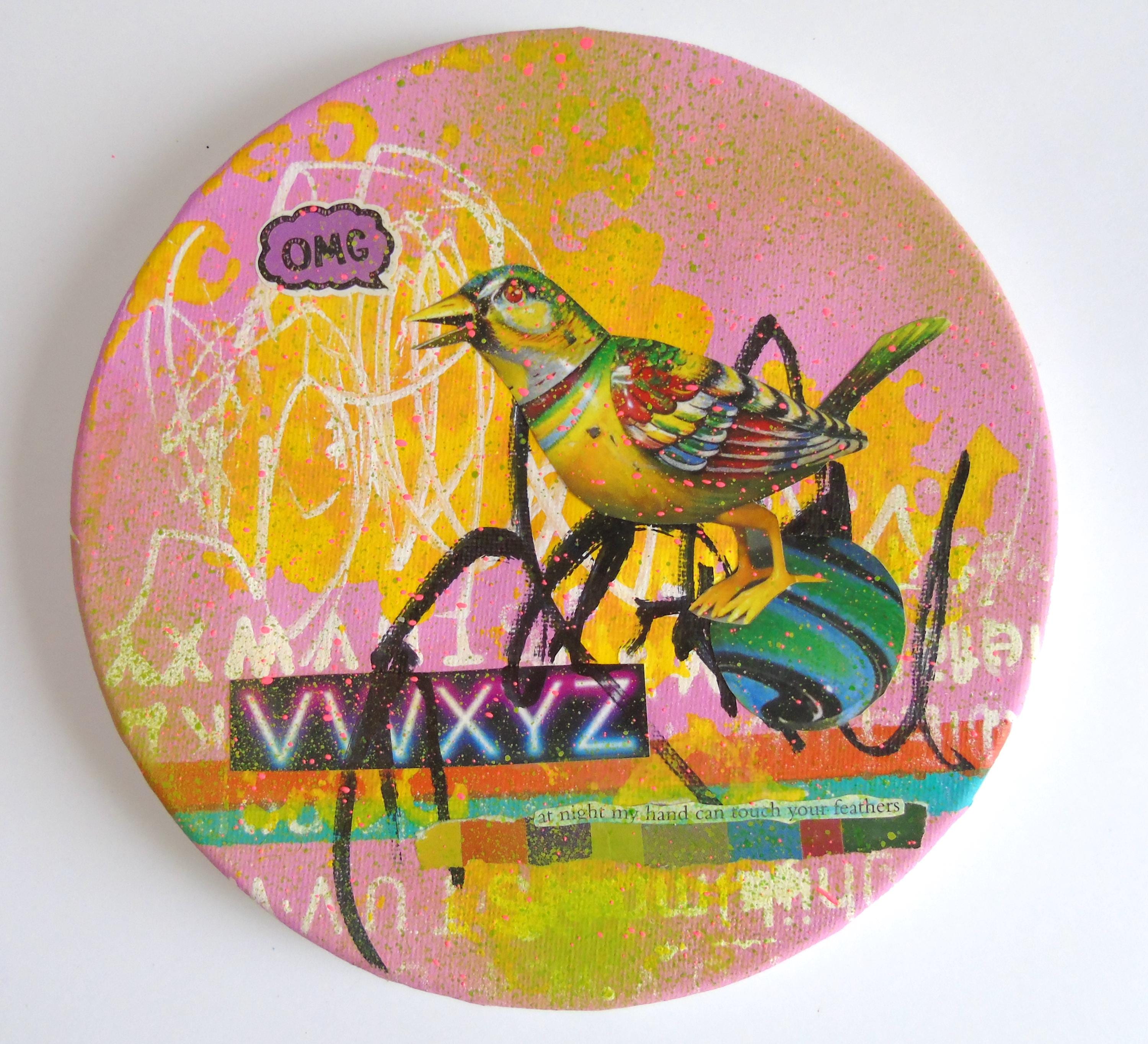 OMG Bird Tondo Round Art Collage Art Original Art Bird Art Wall Art Pop Art Original Art Canvas ...