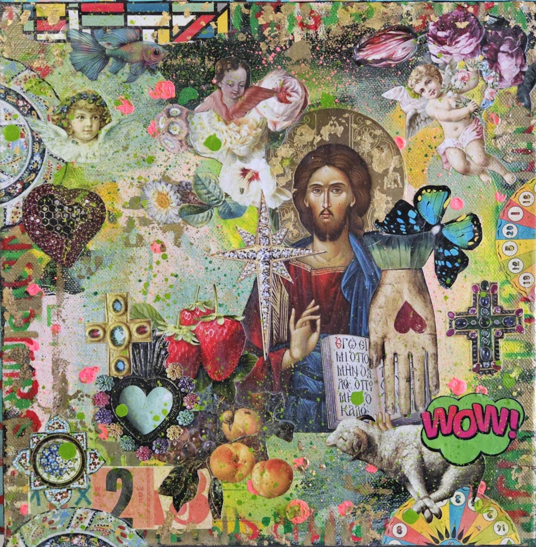 Jesus Icon Collage Painting: Mixed Media Canvas Wall Art - Etsy