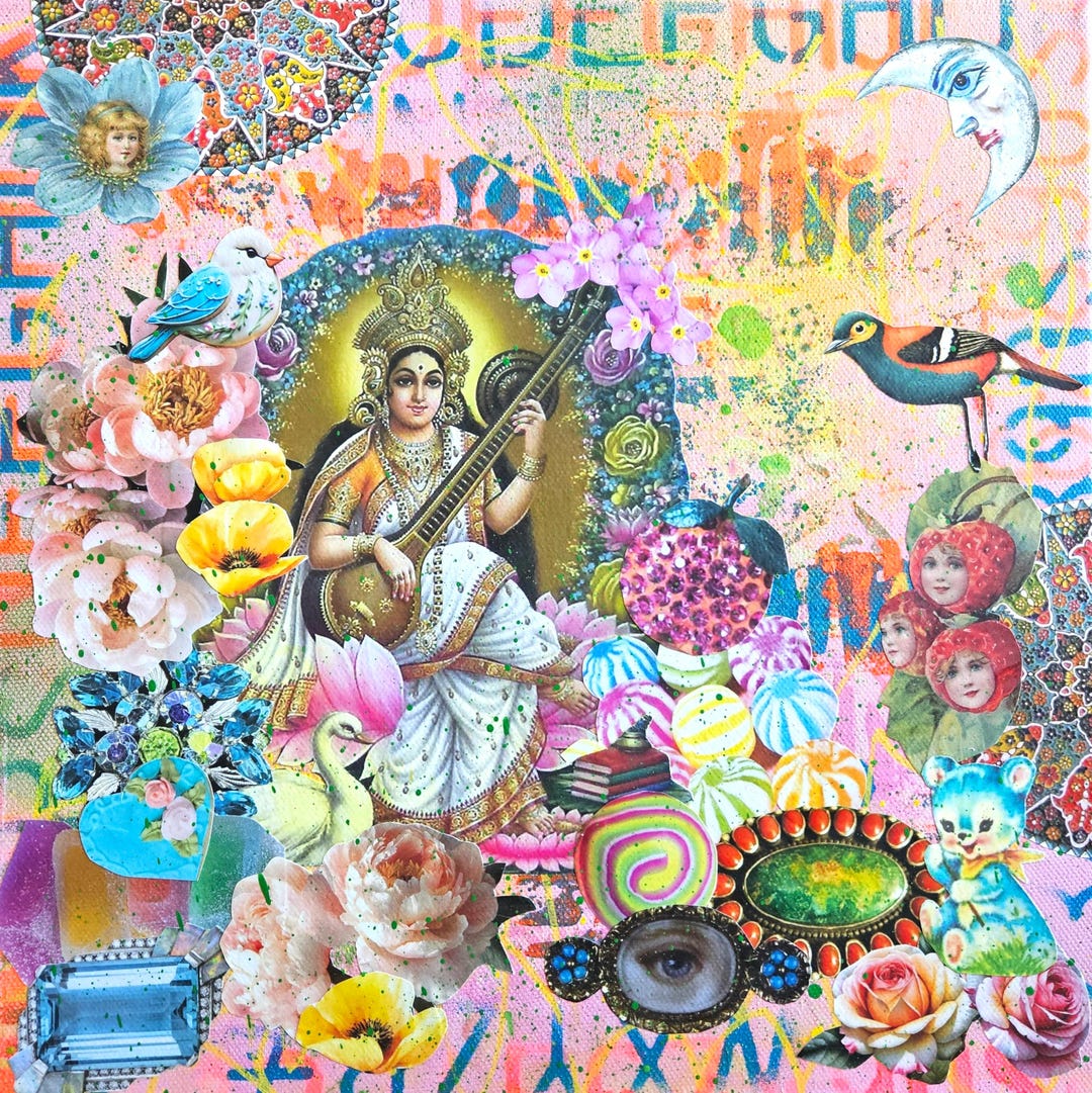 Goddess of Music Art: Hindu Mythology Mixed Media Collage Painting - Etsy