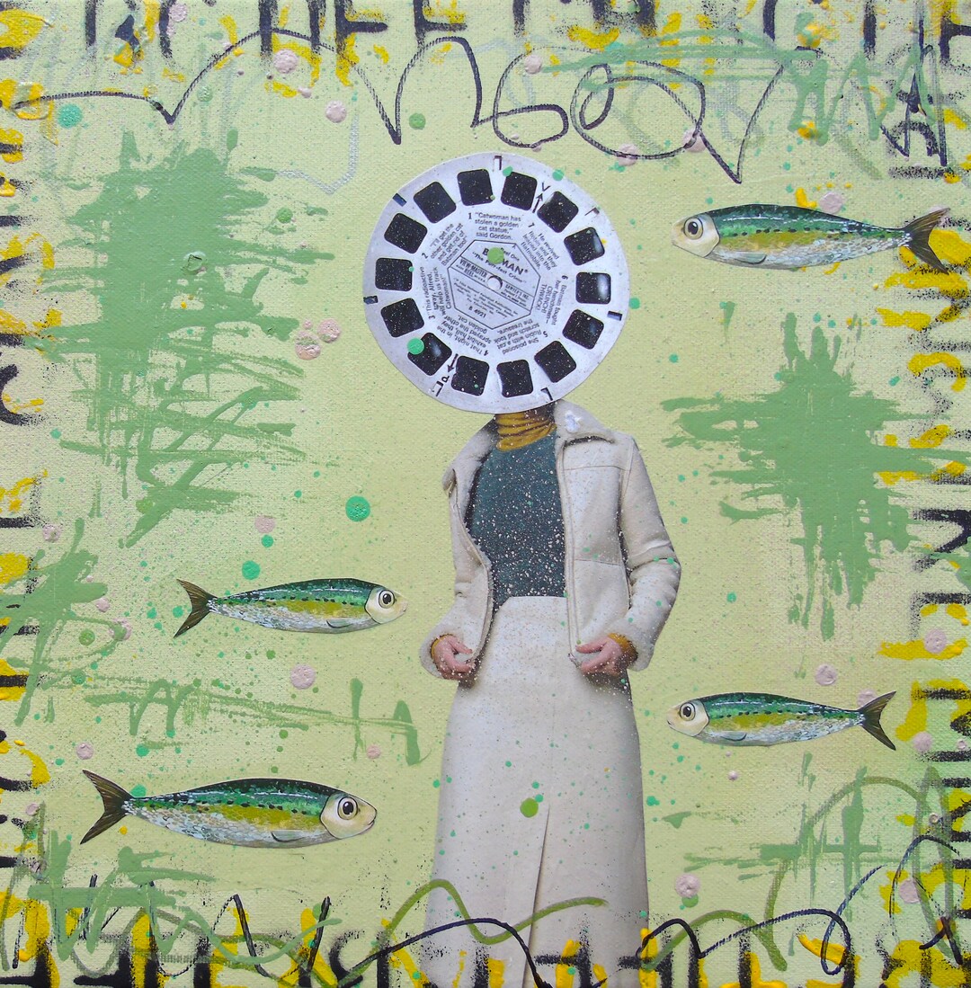 Projection Original Art Collage Fish Green Viewmaster Mixed Media ...