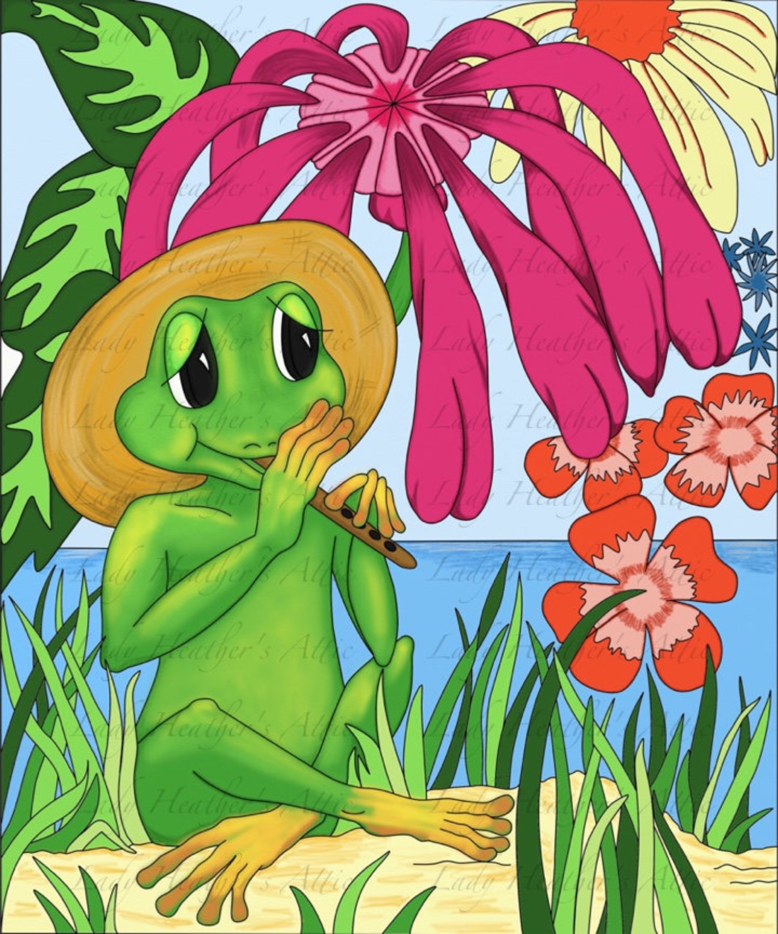 Frog Playing Flute Coloring Page Digital Download Scrapbooking - Etsy
