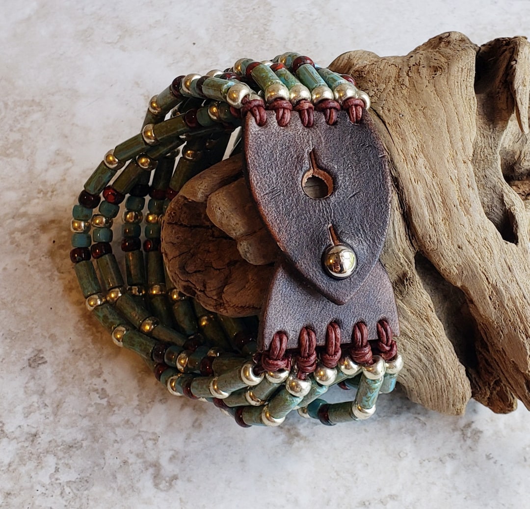 Multi Strand Beaded Leather Bracelet Woman's Beaded Cuff Southwest ...
