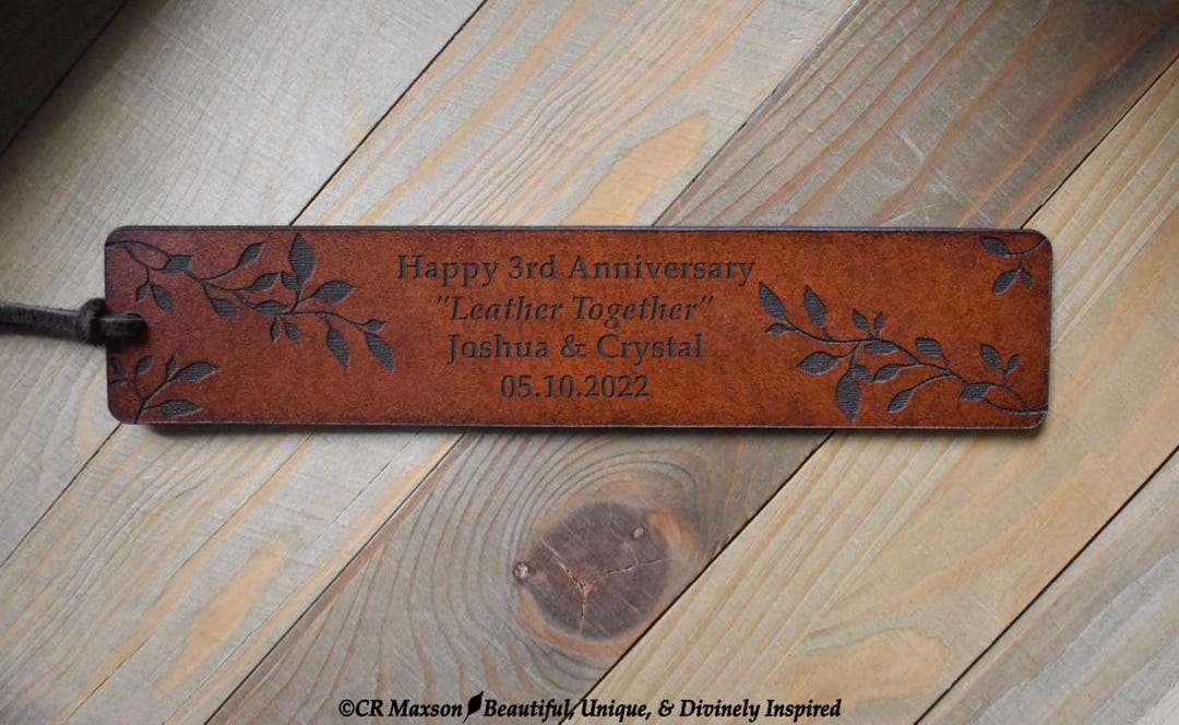 Personalized Leather Anniversary Bookmark - 3rd Anniversary Gift - Vine ...