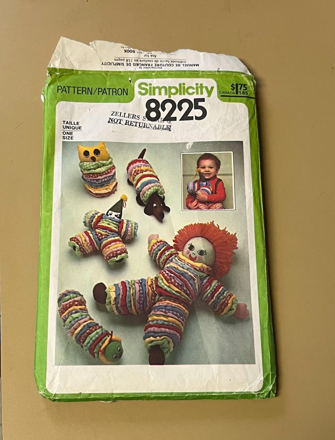 1977 Simplicity Sewing Pattern 8225 Toy Package Clown, Dog, Caterpillar ...