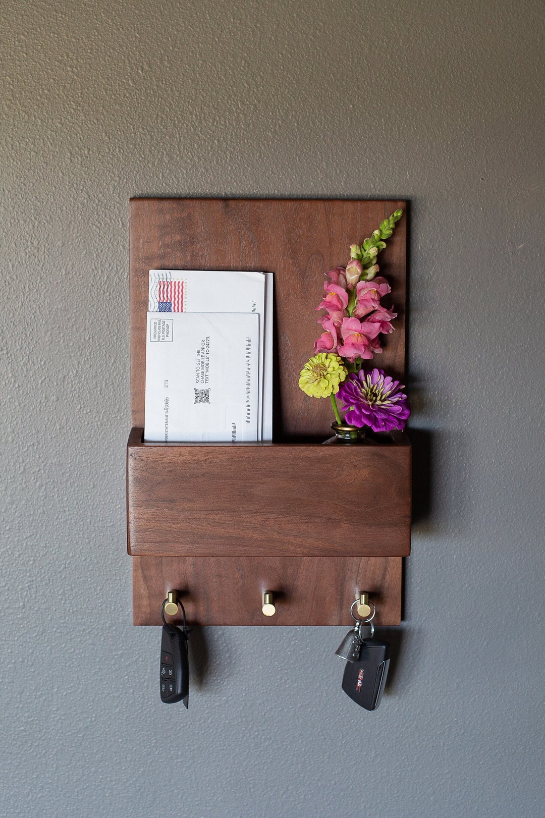 Solid Walnut Mail Organizer and Key Rack, Key Rack With Brass Knobs ...