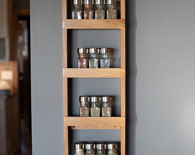 Solid White Oak Spice Rack, Four Shelf Long & Narrow Spice Rack, Wooden ...