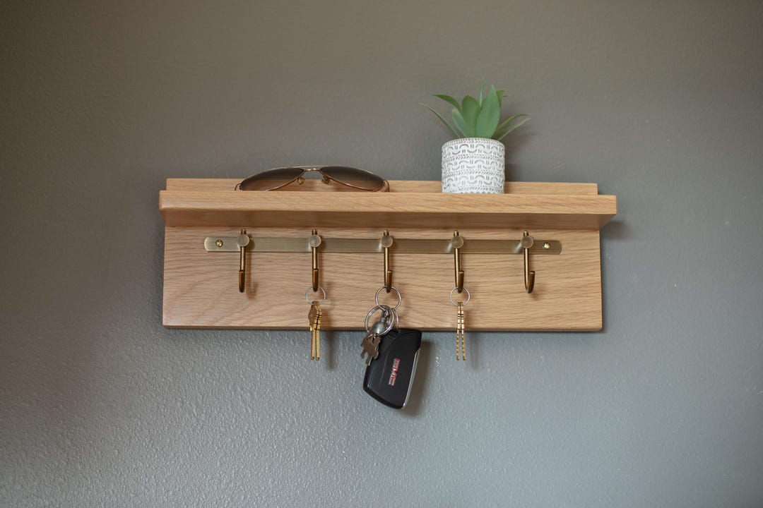 White Oak Key Rack With Brass Colored Hooks - Entryway Organizer - Etsy