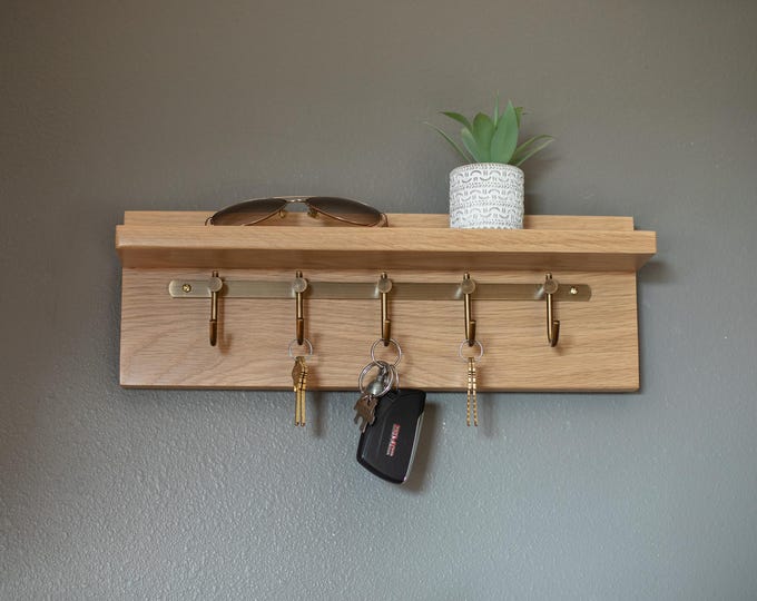 Dark Oak Waxed Wall Mounted Key Holder With Shelf “black Hooks” Key ...