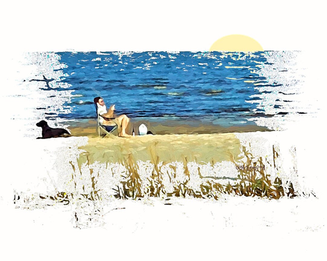Beach Art, Man and Dog, Seashore Print, Seascape, Dog on Beach, Coastal ...