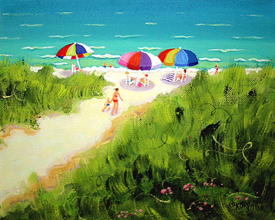 Colorful Beach Folk Art Seashore Umbrellas 8x10 Glicee Canvas Print ...