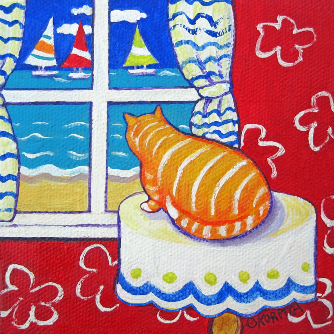Cat in Window Cat Folk Art Orange Cat Art Cat Window - Etsy