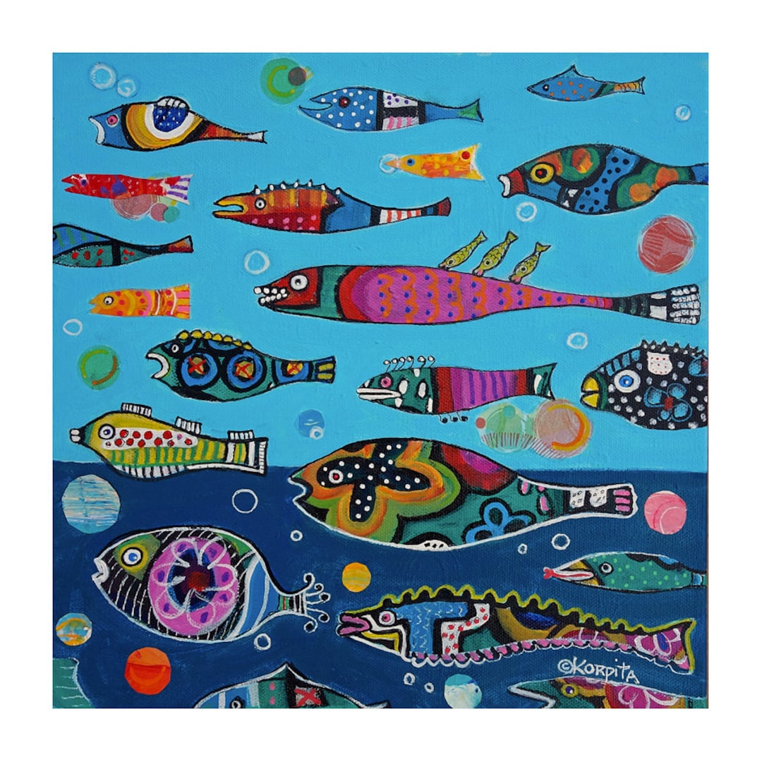Fish Art, Fish Folk Art, School of Fish, Colorful Folk Art, Mississippi ...