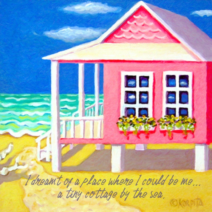 Beach Cottage Decor, Pink House, Tiny House Art, Beach Art, Beach Print ...