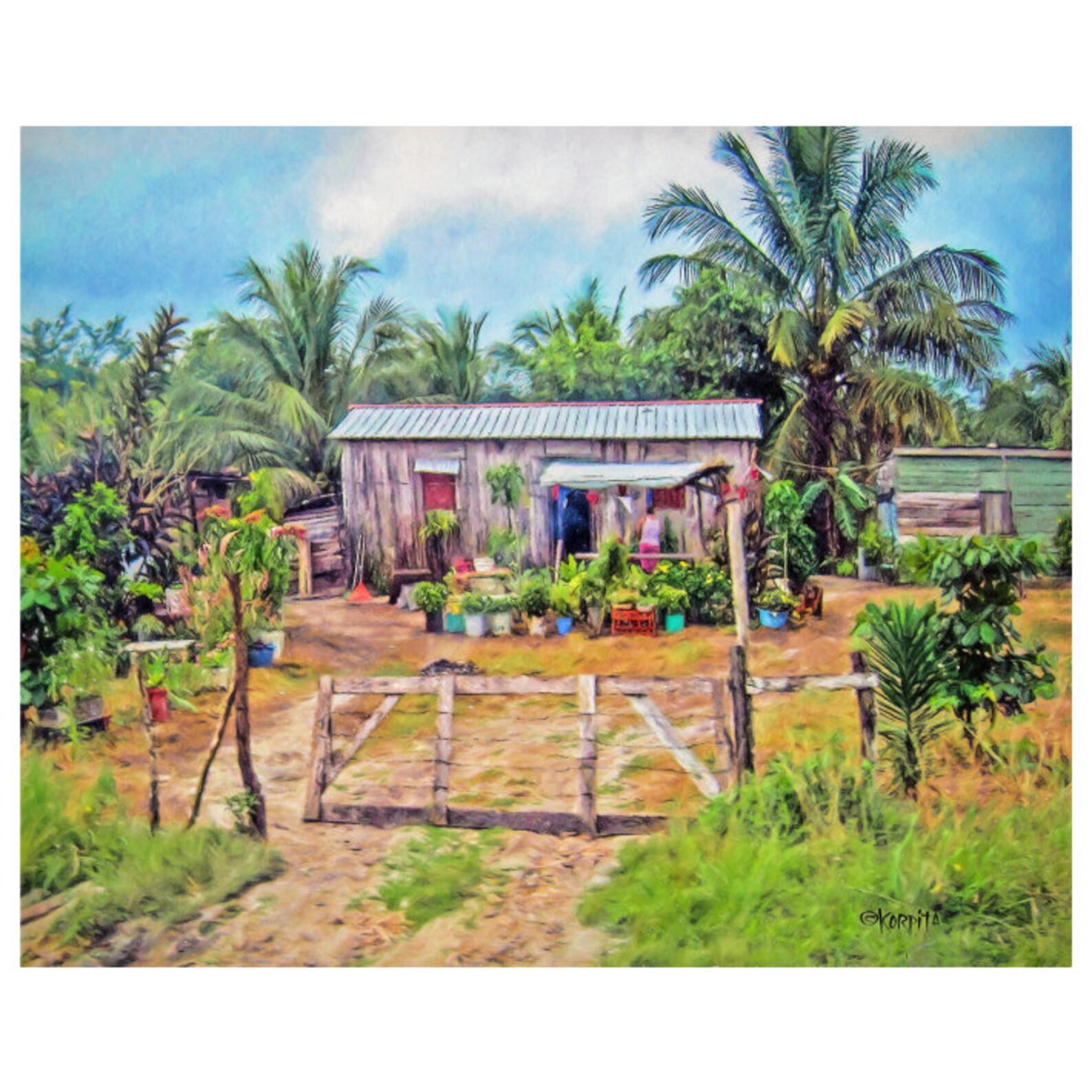 Tropical Art, Caribbean House, Colorful Houses Art, Palm Trees ...