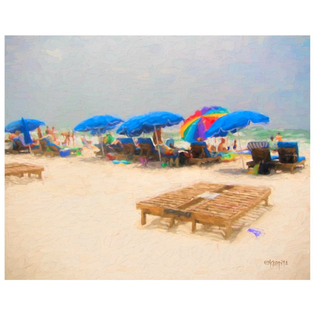 Colorful Beach Art, Beach Umbrellas, People on Beach, Seashore Art ...