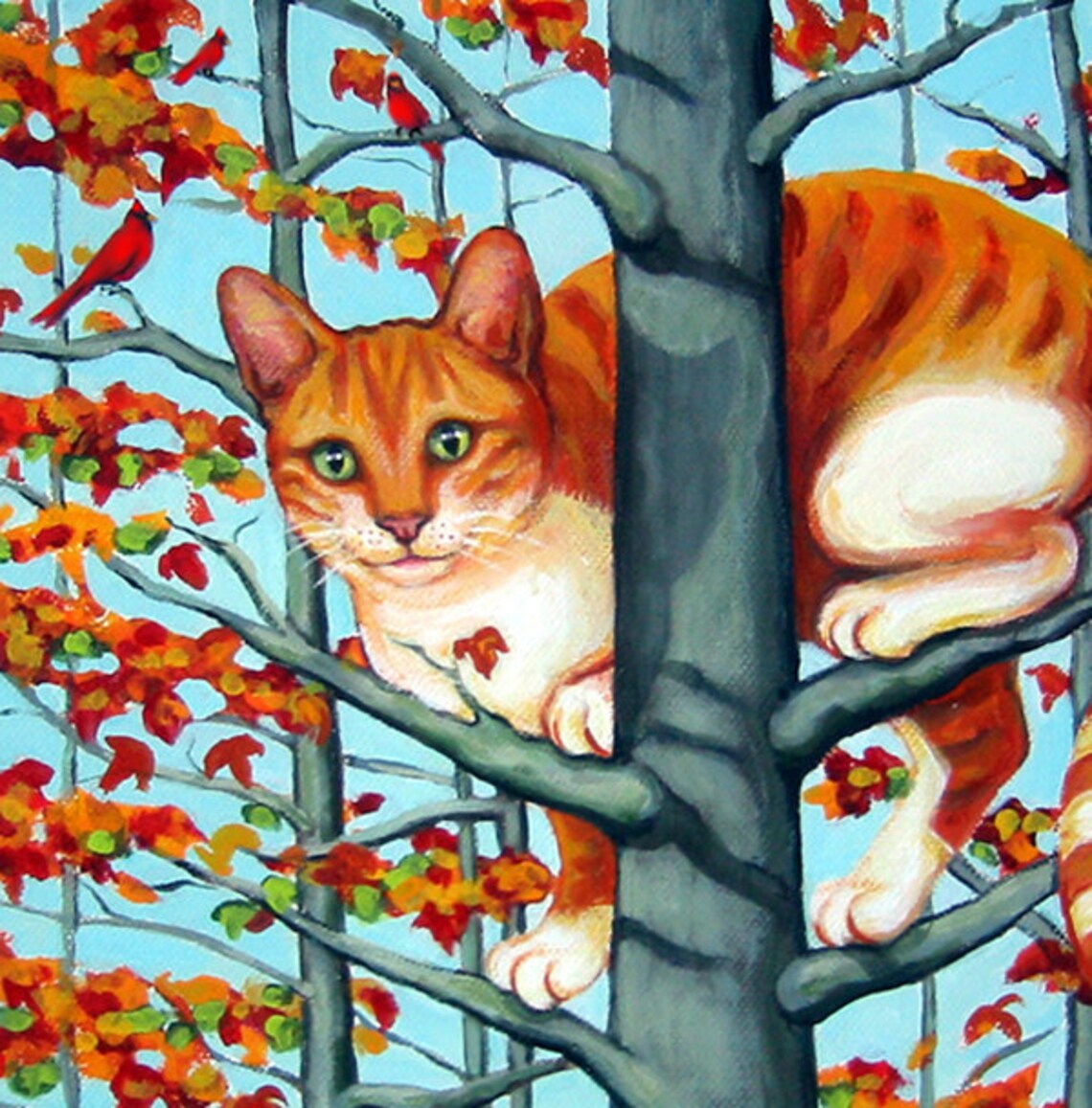 Cat in Tree Art Orange Cat Art Autumn Scene Art Fall Tree | Etsy