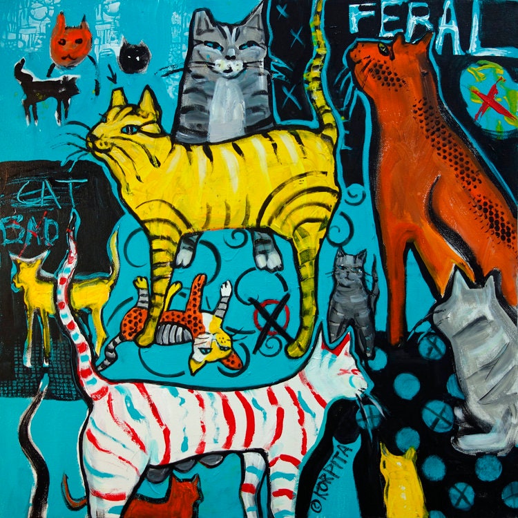 Feral Cats Cat Art Cat Print Narrative Art Cat Folk Art - Etsy