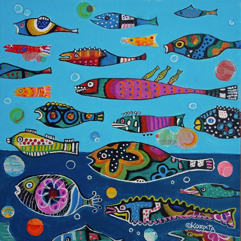 Fish Art Fish Folk Art School of Fish Colorful Folk Art - Etsy