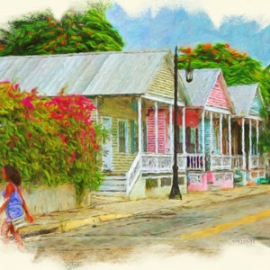 Tropical Art, Key West Art, Shotgun Houses Print, Colorful Houses ...