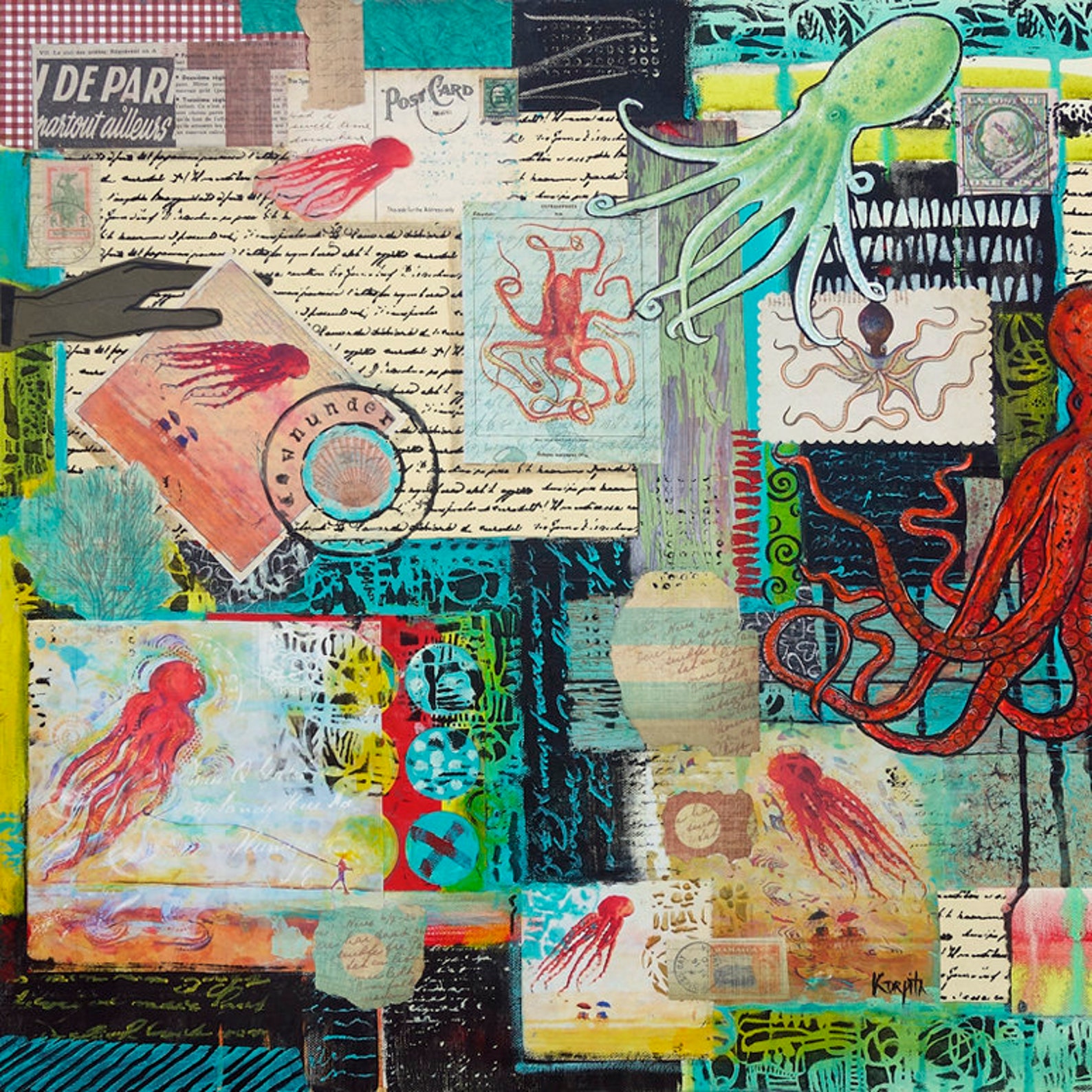 Octopus Art, Original Painting, Collage, Tropical Art, Sea Painting ...