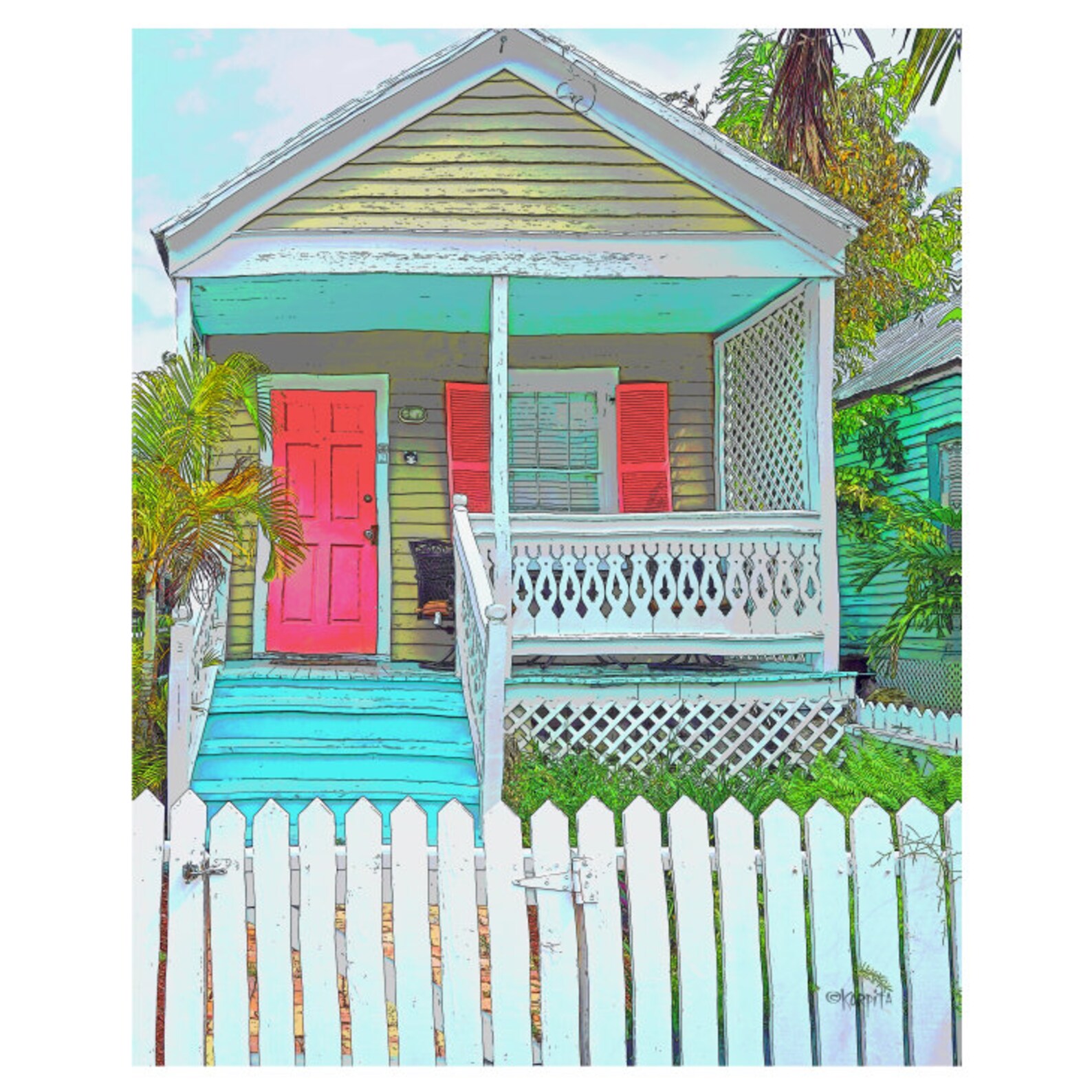 Key West Art, Key West House, Picket Fence Art, Tropical Art, Colorful ...