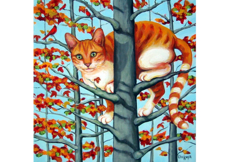 Cat in Tree Art, Orange Cat Art, Autumn Scene Art, Fall Tree Cat Print ...