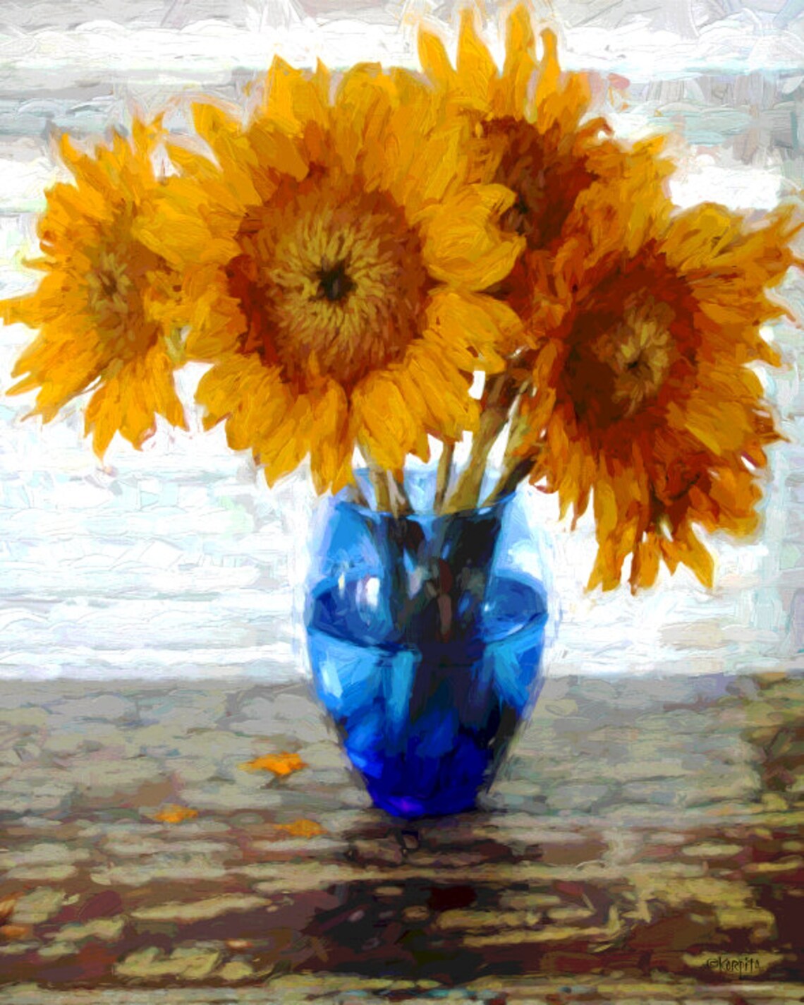 Sunflowers, Blue Vase, Colorful Flowers, Floral, Blue and Gold, Flowers ...