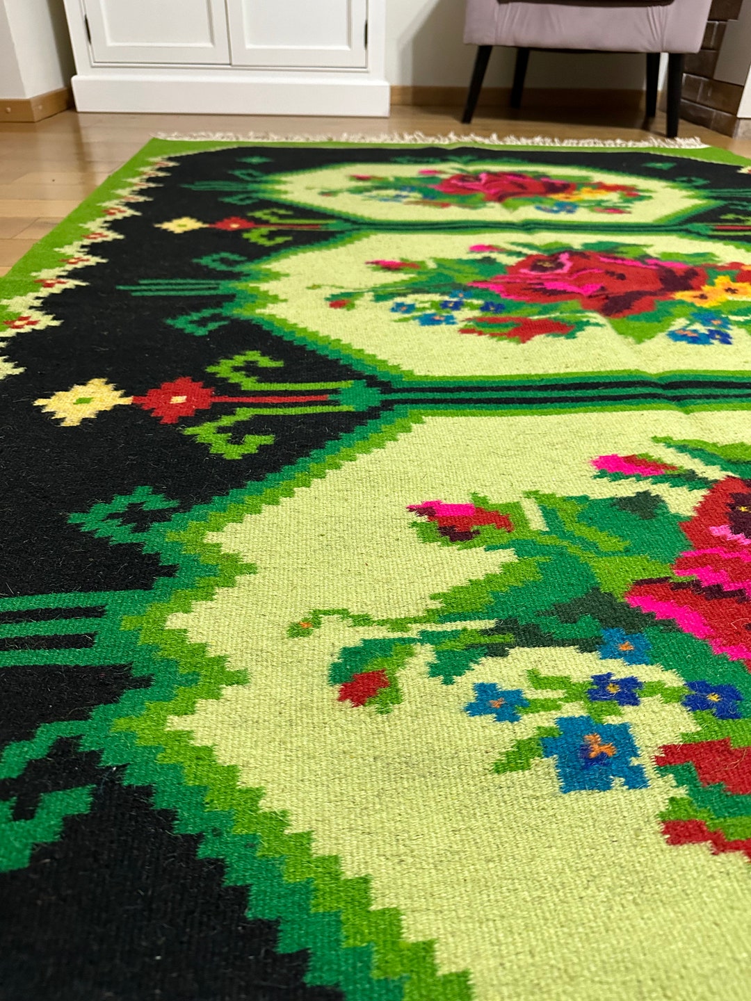 Beautiful Vintage Romanian Woven Rug With Red Roses and Multicolored ...