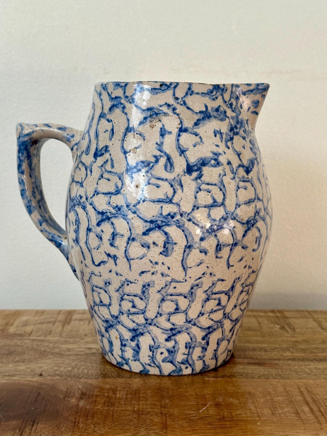 Antique Salt Glazed Blue White Stoneware Spongeware Urn Vase Pitcher ...