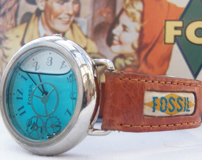 Retro Vintage Fossil Watch - Blue Liquid With Floating Gears Leather ...