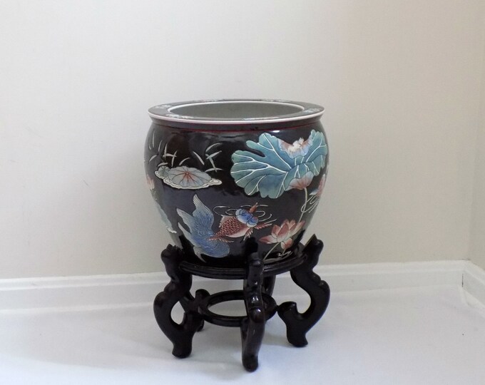Large Chinese Porcelain Fish Bowl Planter - Famille Noire Hand Panted ...