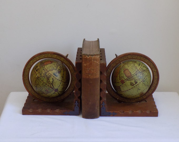 Vintage Pair of Spinning World Map Globe Bookend Mid Century Regency ...