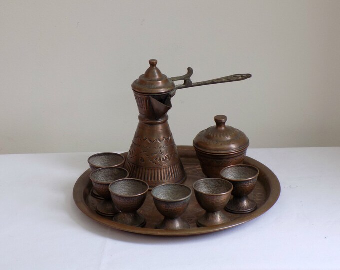 Vintage Copper Turkish Arabic Coffee Dallah Pot Set Round Tray 6 Cups ...