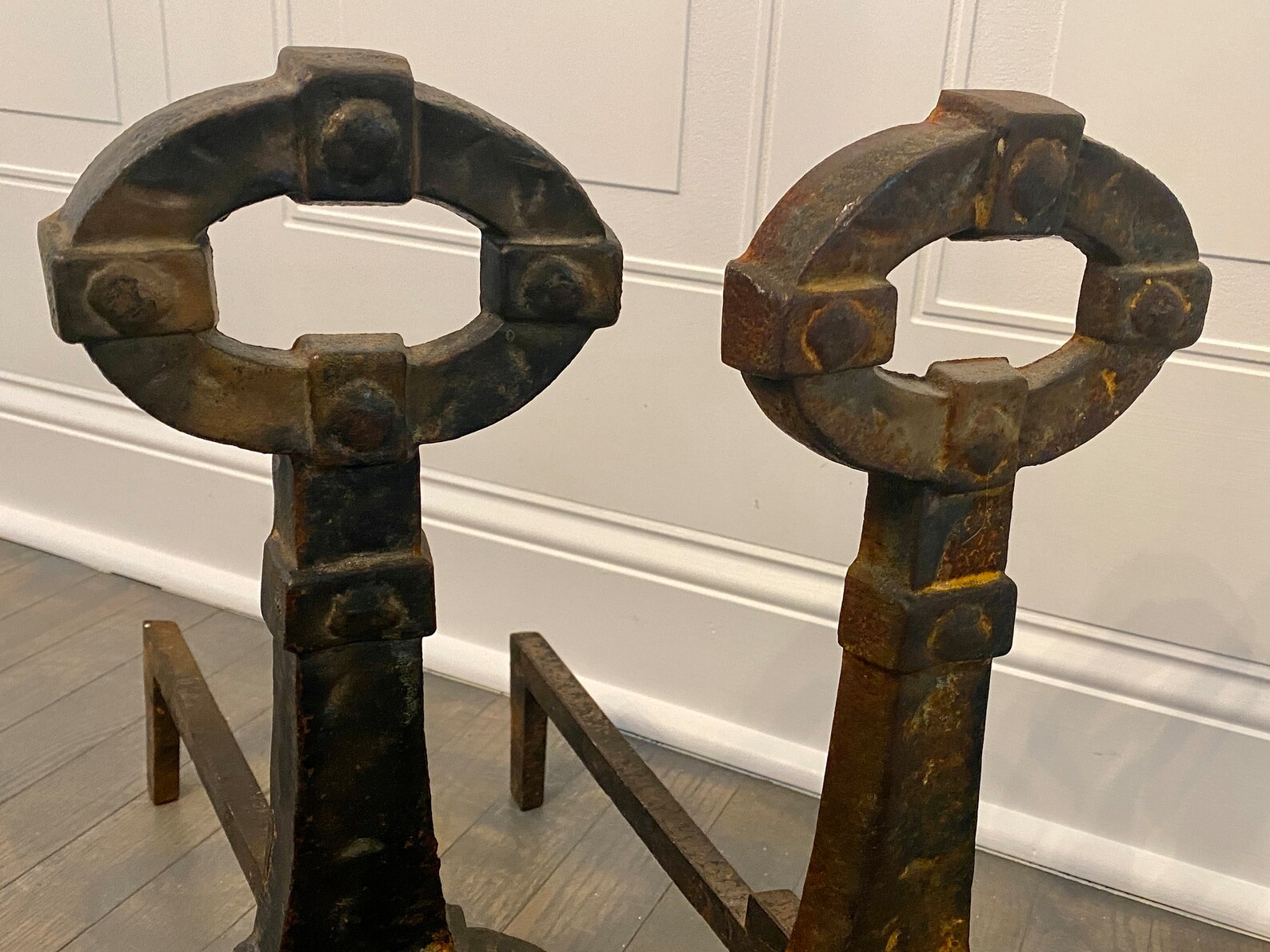 1800's Wayne Co. American Cast Iron Hand Hammered Fireplace Andirons ...