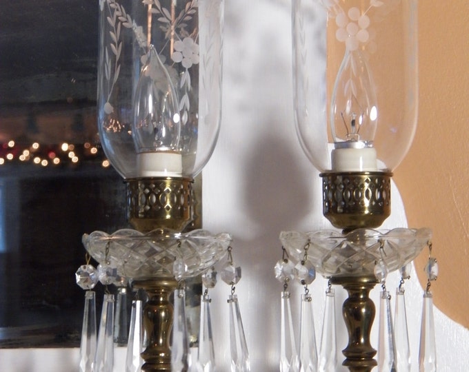 Antique Pair Crystal Table Lamps Brass and Marble Base Chandlear ...