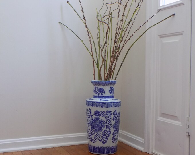 19" Large Blue White Porcelain Chinese Floor Vase Centerpiece - Vintage ...