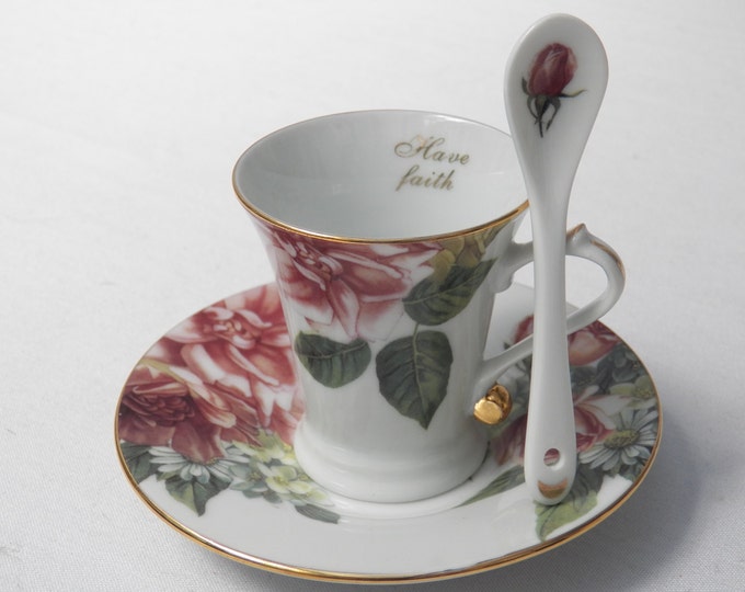 Fine Porcelain ADELINE Floral Teacup Saucer and Spoon Set in Original ...