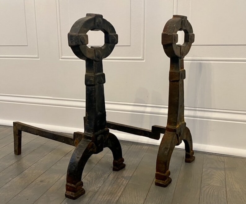 1800's Wayne Co. American Cast Iron Hand Hammered Fireplace Andirons ...