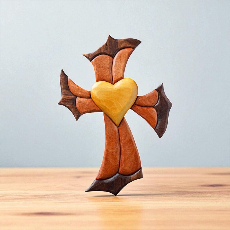 Heart Cross , Wooden Cross, Intarsia Cross, Intarsia Wooden Art, Wooden ...