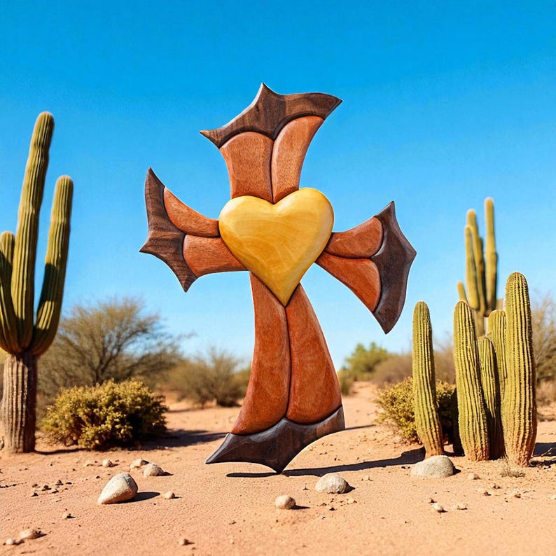 Heart Cross , Wooden Cross, Intarsia Cross, Intarsia Wooden Art, Wooden ...