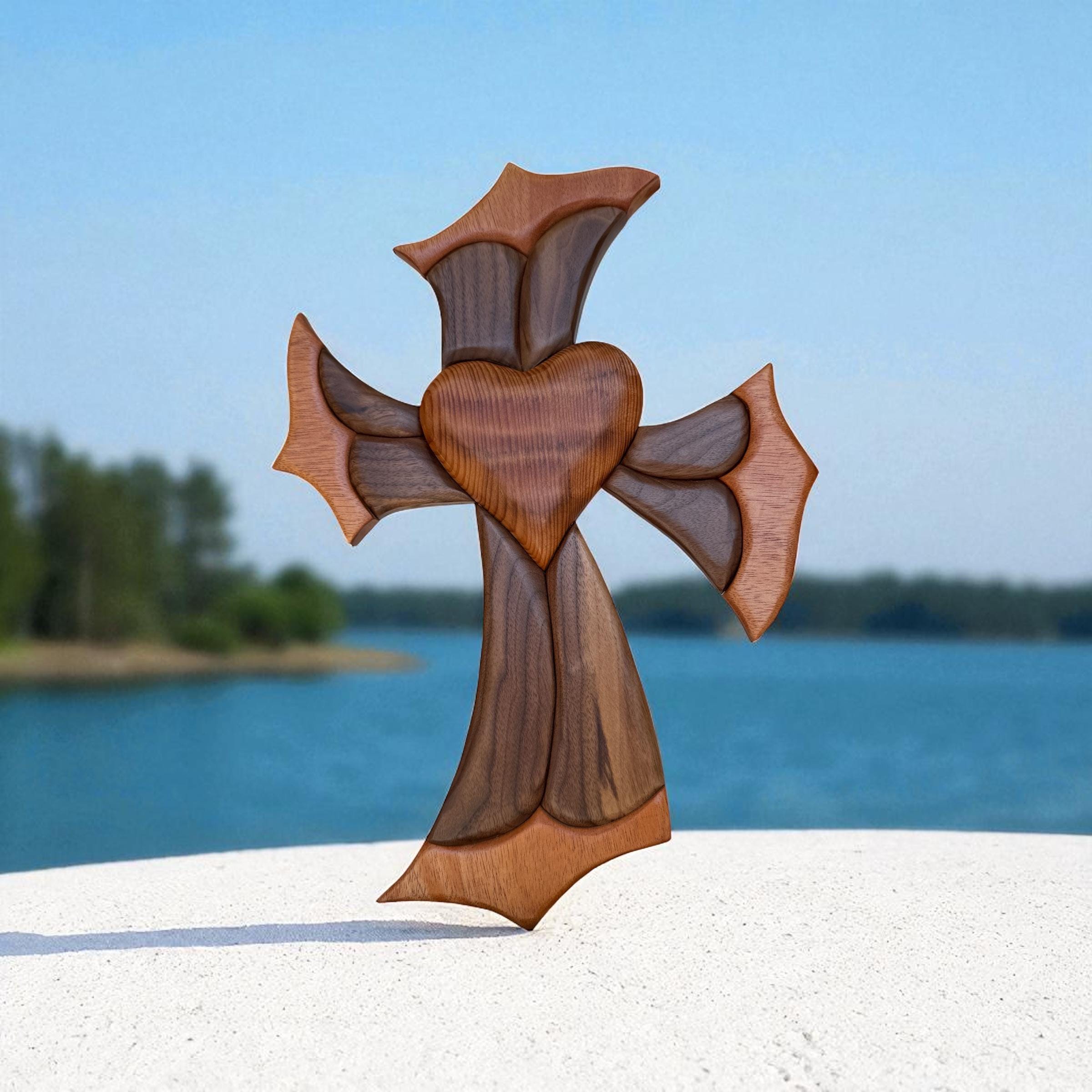 Heart Cross , Wooden Cross, Intarsia Cross, Intarsia Wooden Art, Wooden ...