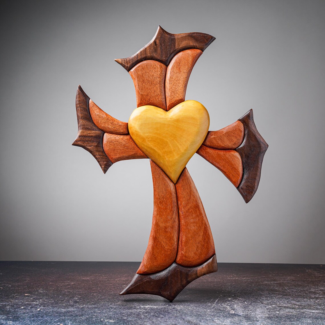 Heart Cross , Wooden Cross, Intarsia Cross, Intarsia Wooden Art, Wooden ...
