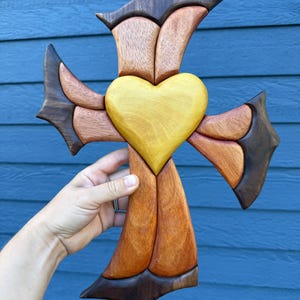 Heart Cross , Wooden Cross, Intarsia Cross, Intarsia Wooden Art, Wooden ...