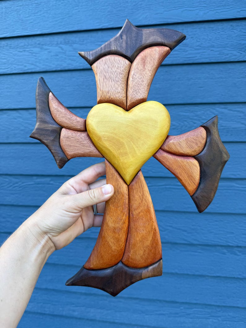 Heart Cross , Wooden Cross, Intarsia Cross, Intarsia Wooden Art, Wooden ...