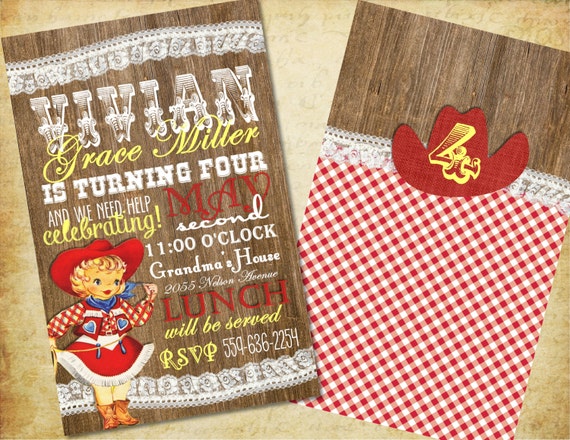 Cowgirl Birthday Invitations Vintage Cowgirl Birthday Etsy