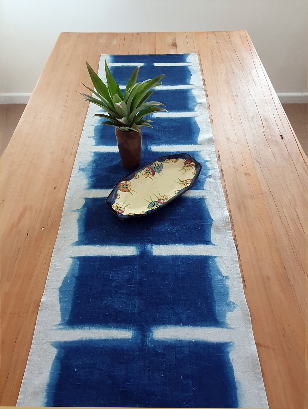 Indigo Dyed Shibori TOTEM Linen Table Runner - Etsy