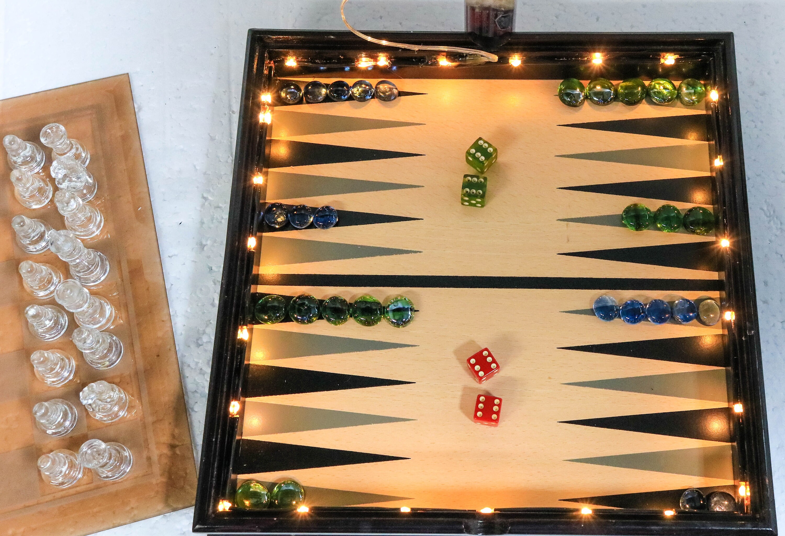 Customized Chess and Backgammon Set - Glass Game Pieces and Chess Board ...