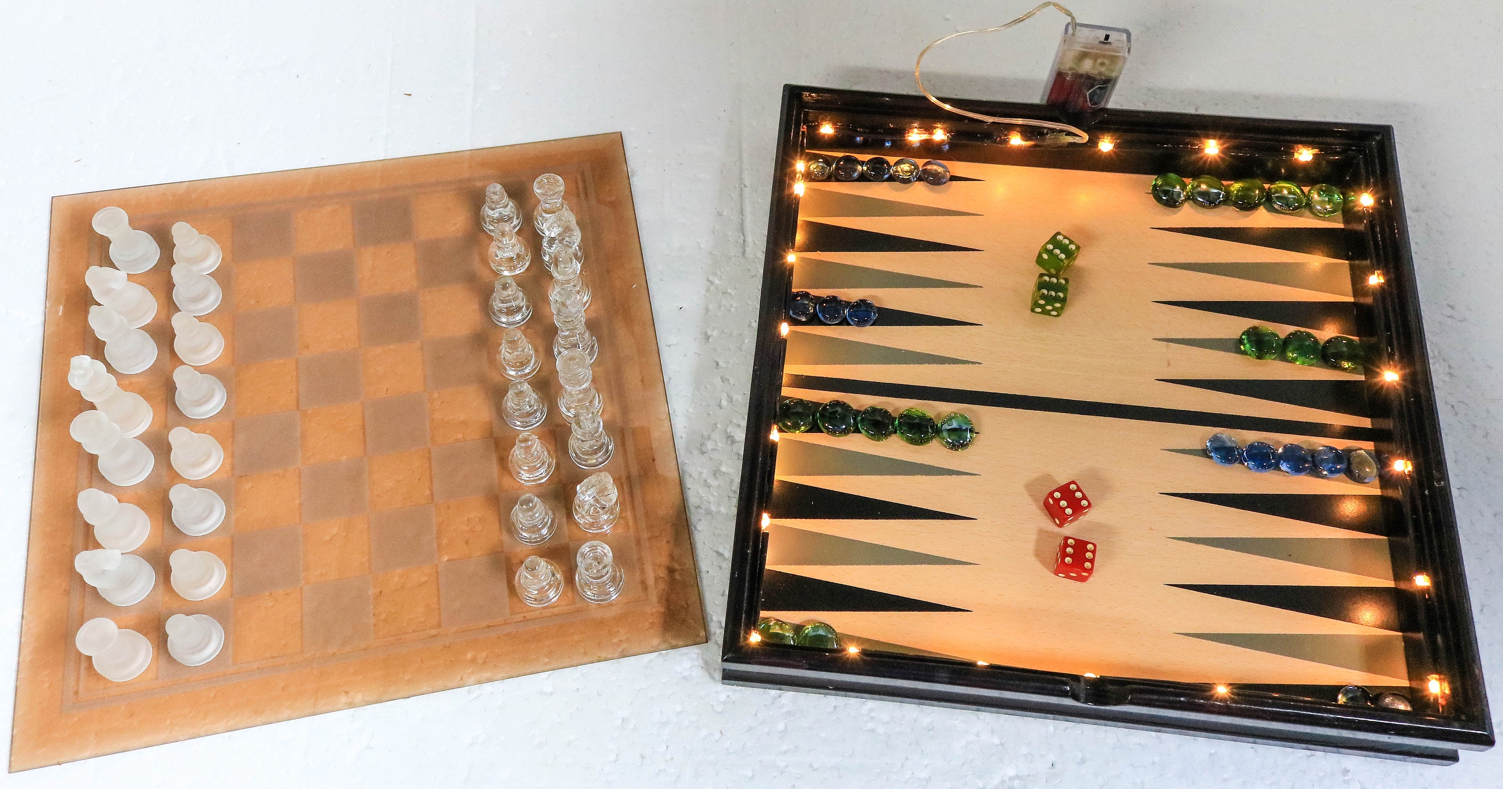 Customized Chess and Backgammon Set - Glass Game Pieces and Chess Board ...