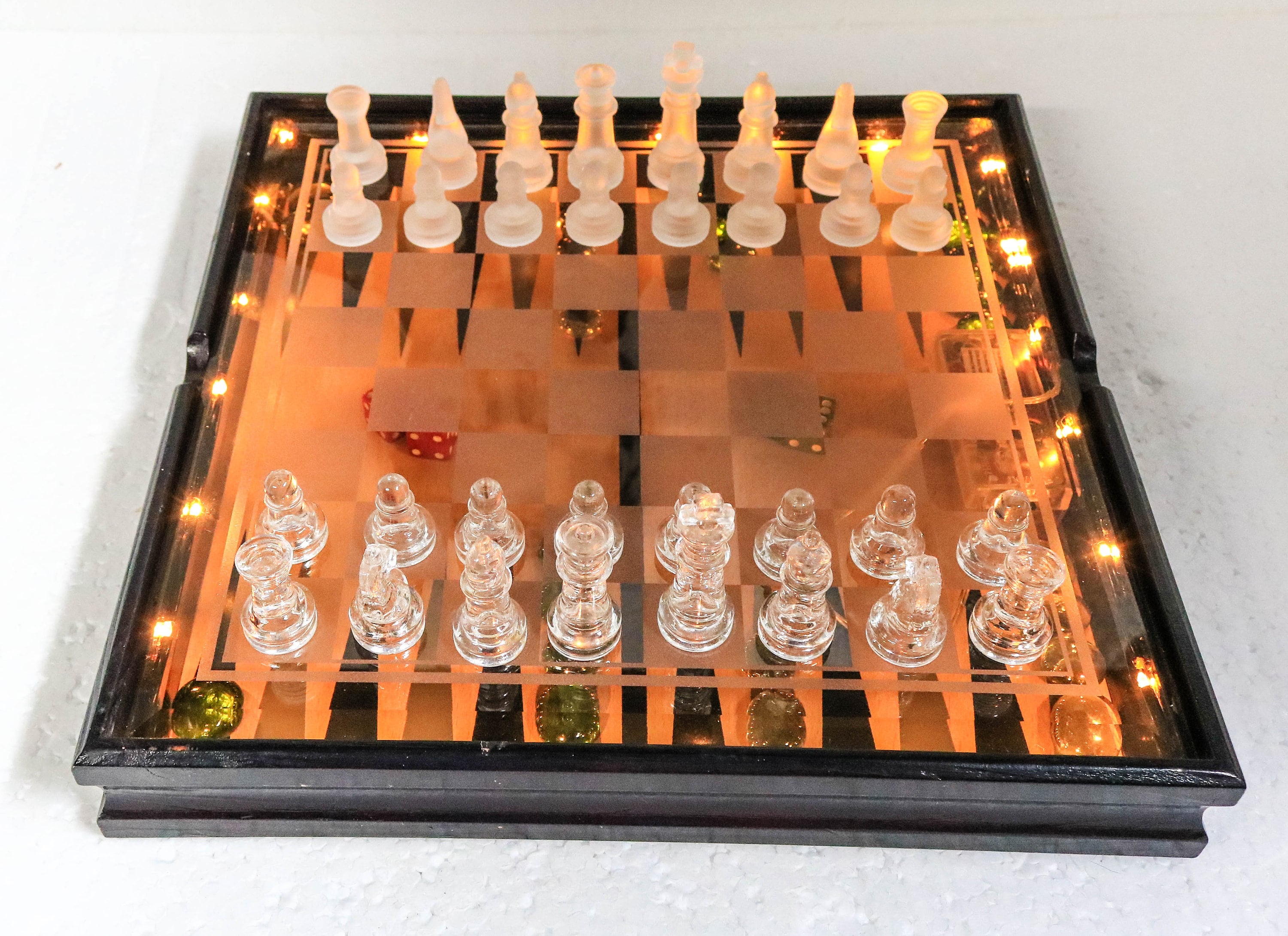 Customized Chess and Backgammon Set - Glass Game Pieces and Chess Board ...