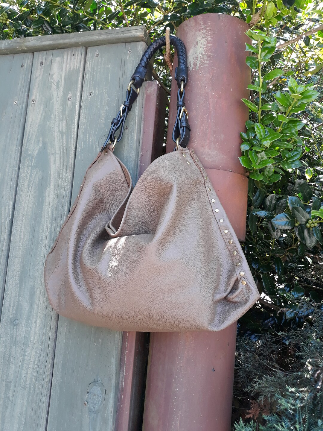 Brown Leather Hobo Bag/ Riveted Detail/ Braided Rope Strap / Bohochic ...
